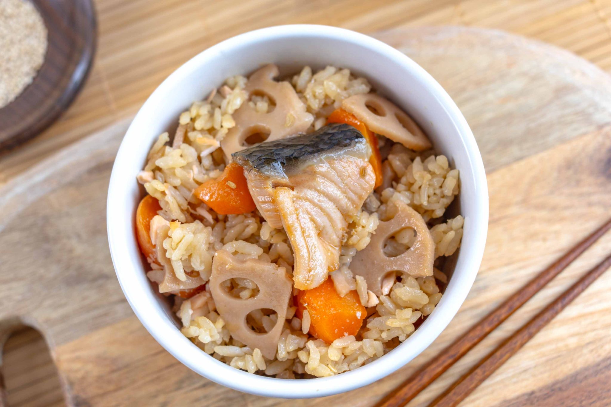 One Pot Salmon, Carrot and Root Rice.